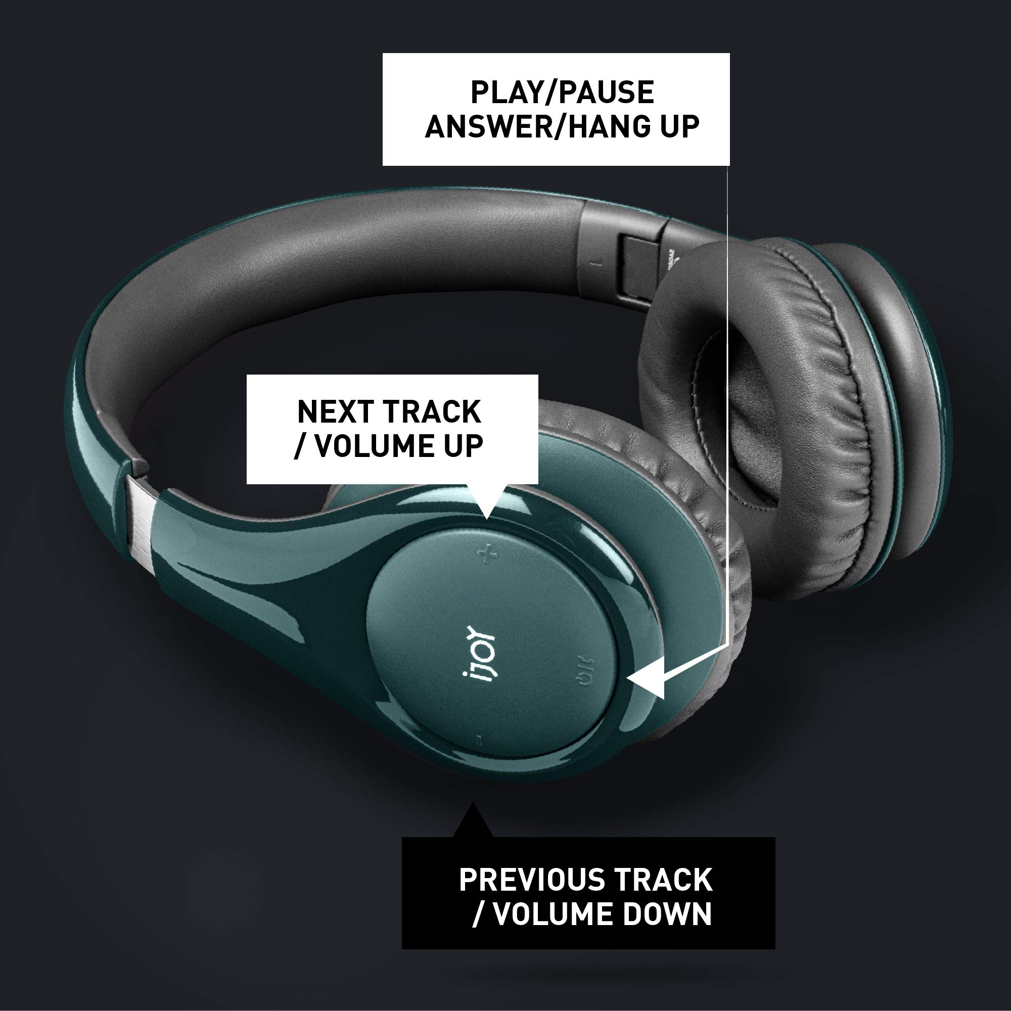 iJoy ISO Wireless, Bluetooth Headphones-Cordless Over Ear Stereo Headset- Bluetooth 5.0, 30HR Battery Built-in Microphone- Handsfree or Wired Use, Foldable (Glossy Green)