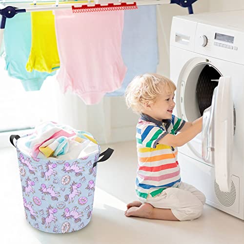 Pink Unicorns Donuts Rainbow Foldable Laundry Basket Waterproof Hamper Storage Bin Bag with Handle 16.5"x 16.5"x 17"