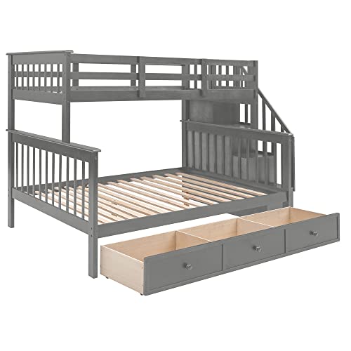 Harper & Bright Designs Twin Over Full Bunk Bed with Stairs, Solid Wood Stairway Bunk Bed Frame with Storage Drawers for Kids Teens Adults, Bedroom, Dorm (Gray)