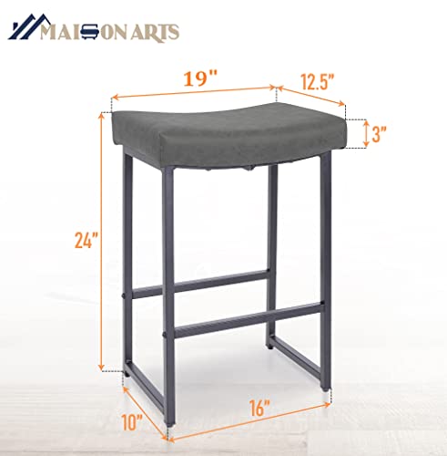 MAISON ARTS Grey Bar Stools Set of 2 Counter Height 24 Inches Saddle Stools for Kitchen Counter Backless Modern Barstools Upholstered Faux Leather Stools Farmhouse Island Chairs, Grey, 2pcs