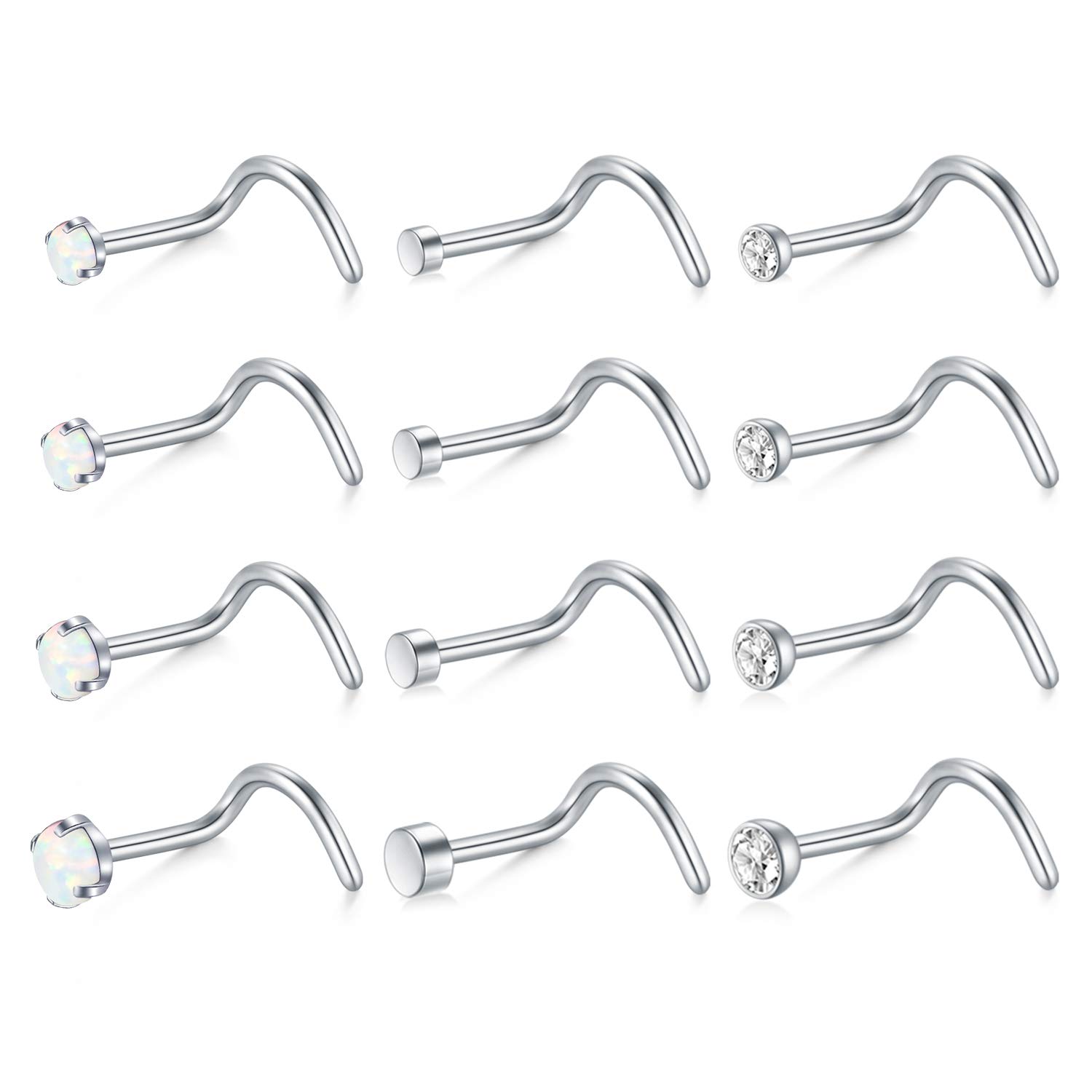 Anicina 18G Nose Rings Studs Stainless Steel 1.5mm 2mm 2.5mm 3mm Opal & CZ Flat Top Nose Screw Studs Nose Piercing Jewelry 12PCS