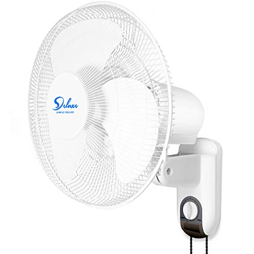 Simple Deluxe Digital Household Wall Mount Fans 16 Inch Adjustable Tilt, 90 Degree, 3 Speed Settings, Basic, White