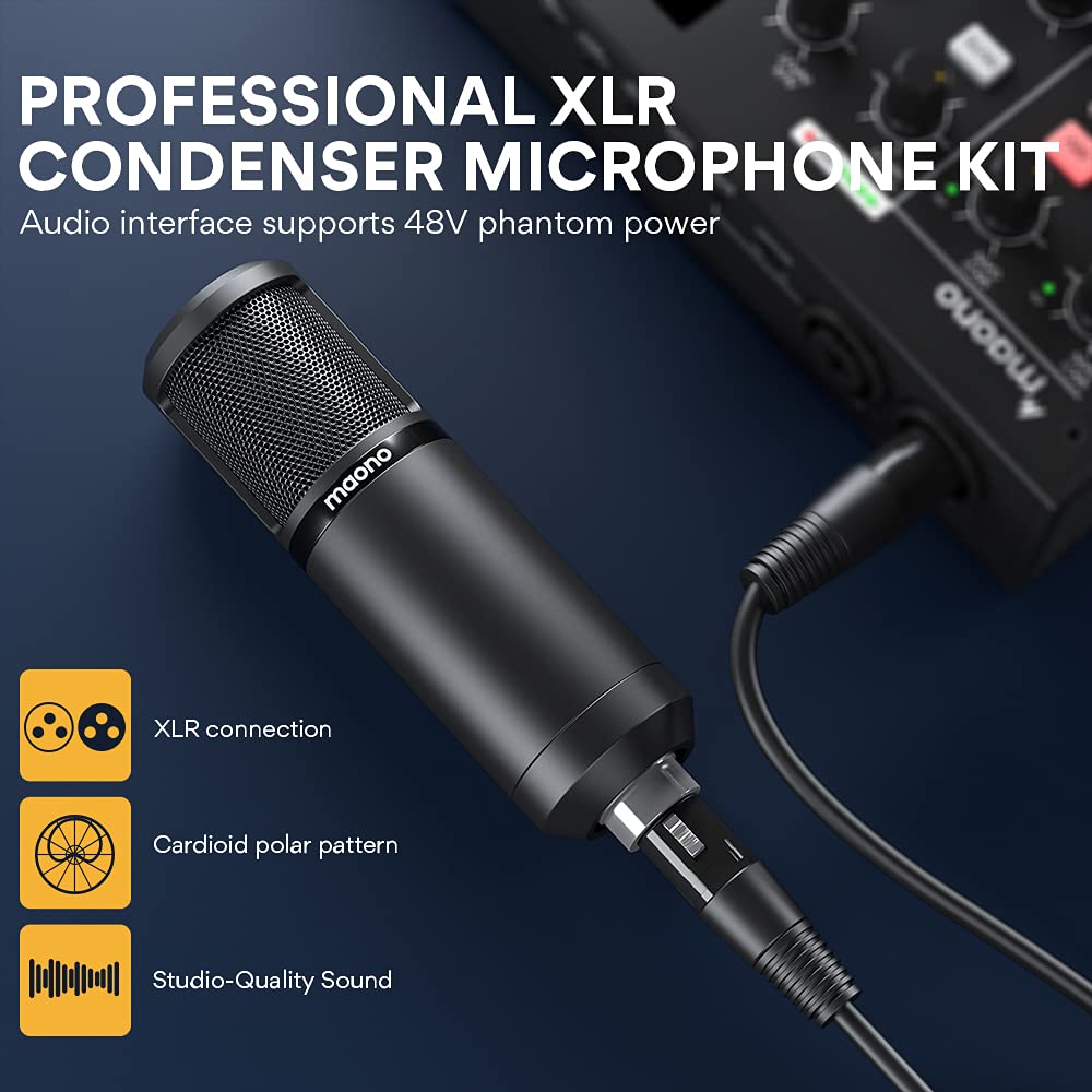 Audio Interface with DJ Mixer and Sound Card, Maonocaster Portable ALL-IN-ONE Podcast Production Studio with XLR Condenser Microphone for Guitar, Live Streaming, PC, Recording, and Gaming (AM100 K0)