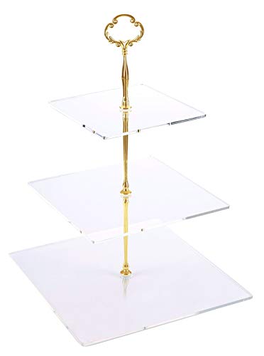 Jusalpha 3 Tier Acrylic Square Cupcake Stand, Dessert Display Tower (Gold Version 2, 1) 3SG-V2
