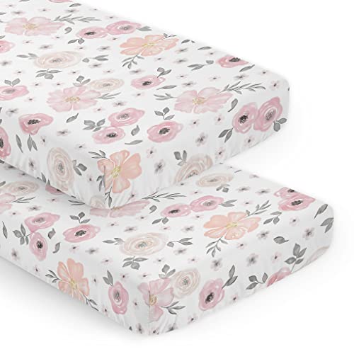 Sweet Jojo Designs Blush Pink Grey Boho Floral Girl Baby Fitted Crib Sheet Set Nursery Soft Infant Newborn Fits Standard Mattress or Toddler Bed - 2pc - Gray White Shabby Chic Rose Watercolor Flower