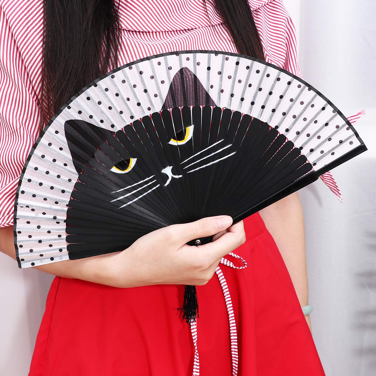 OULII Women Cartoon Cat Folding Silk Fan Handheld Fan (Black)