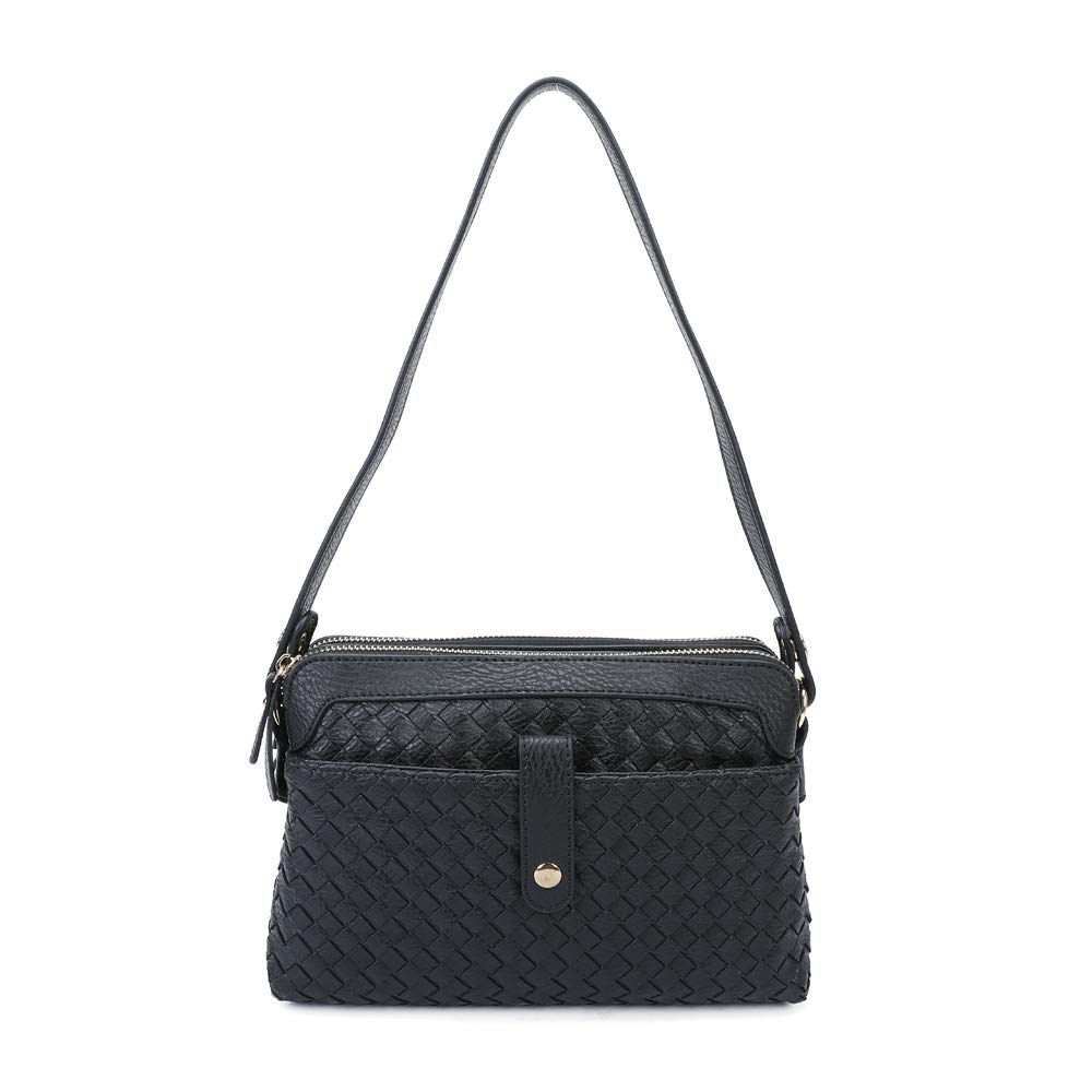 OIIV Women PU Leather Weave Shoulder bag with Zipper Clutch Leisure Crossbody Bag (BLACK)