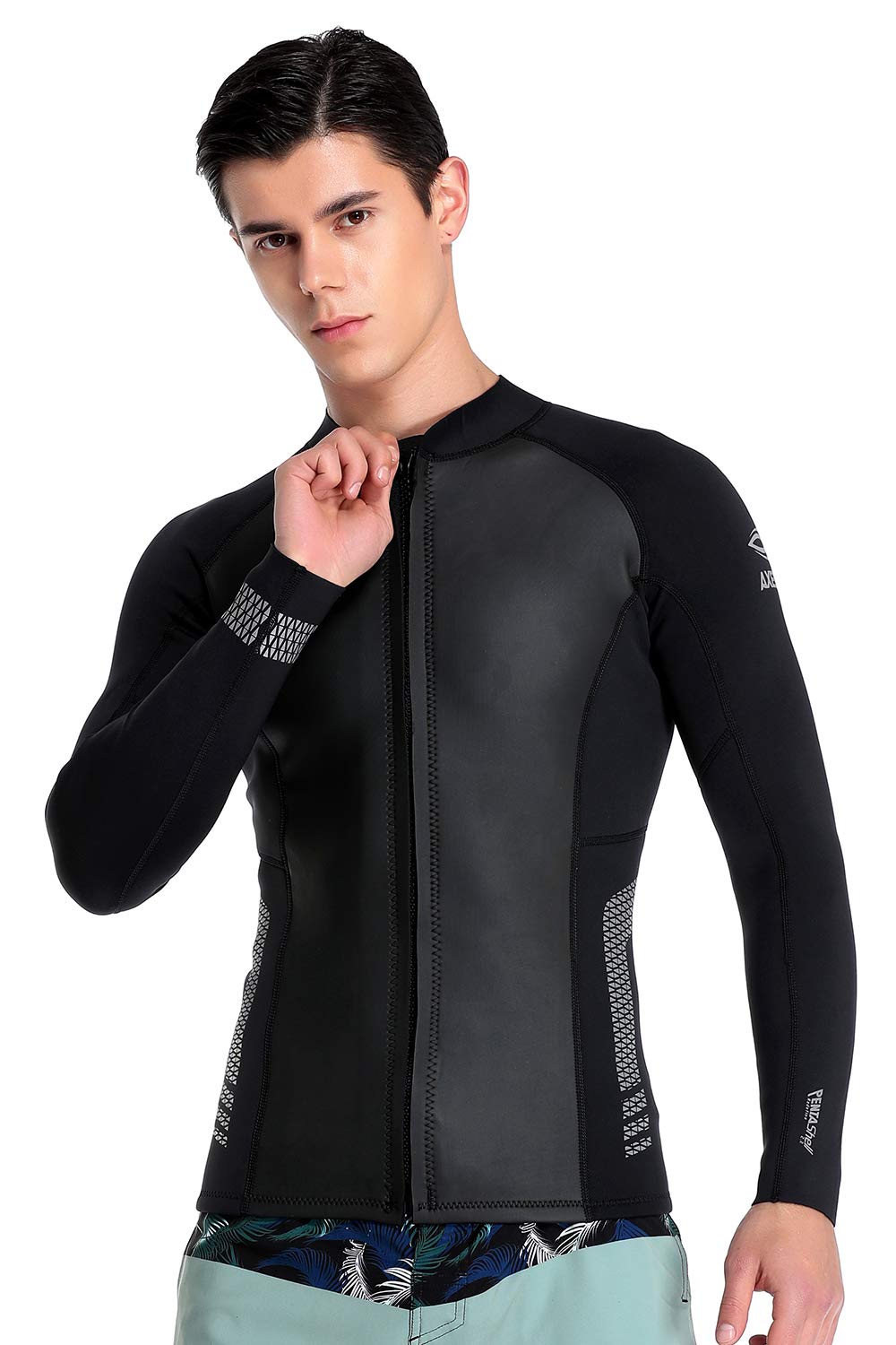 AXESEA Men's Wetsuit Top Long Sleeve 2mm Neoprene Surf Jacket Front Zipper Diving Suit for Swimming,Snorkeling,Scuba Diving,Surfing