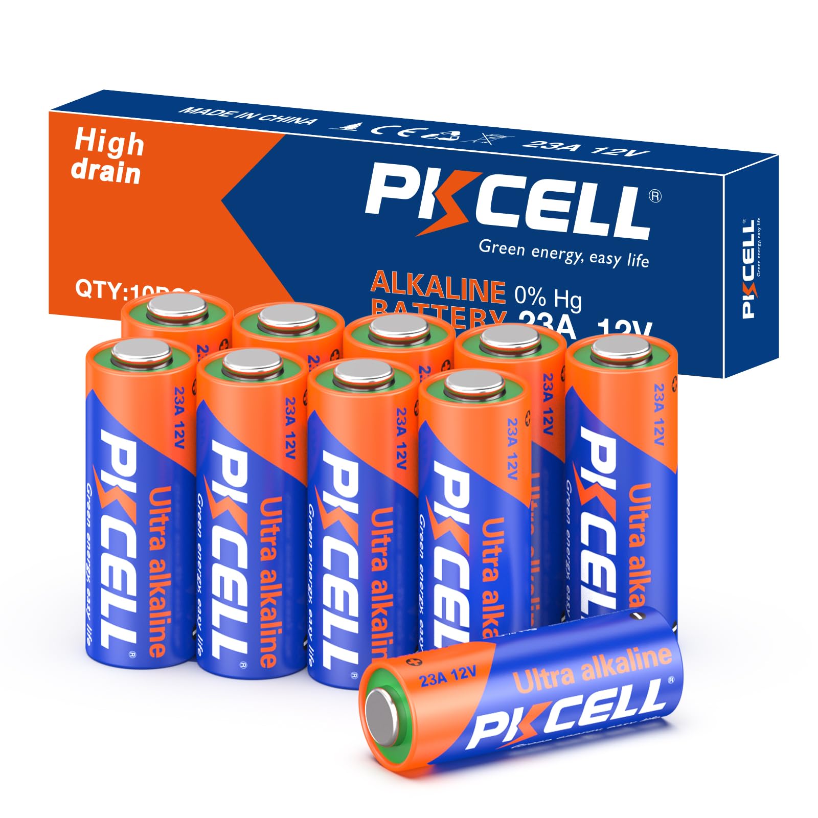 PKECLL 23A 12 Volt Battery 10-Count, A23 Battery for Garage Door Openers Ceiling Fan Remotes Doorbells (10 Pack)