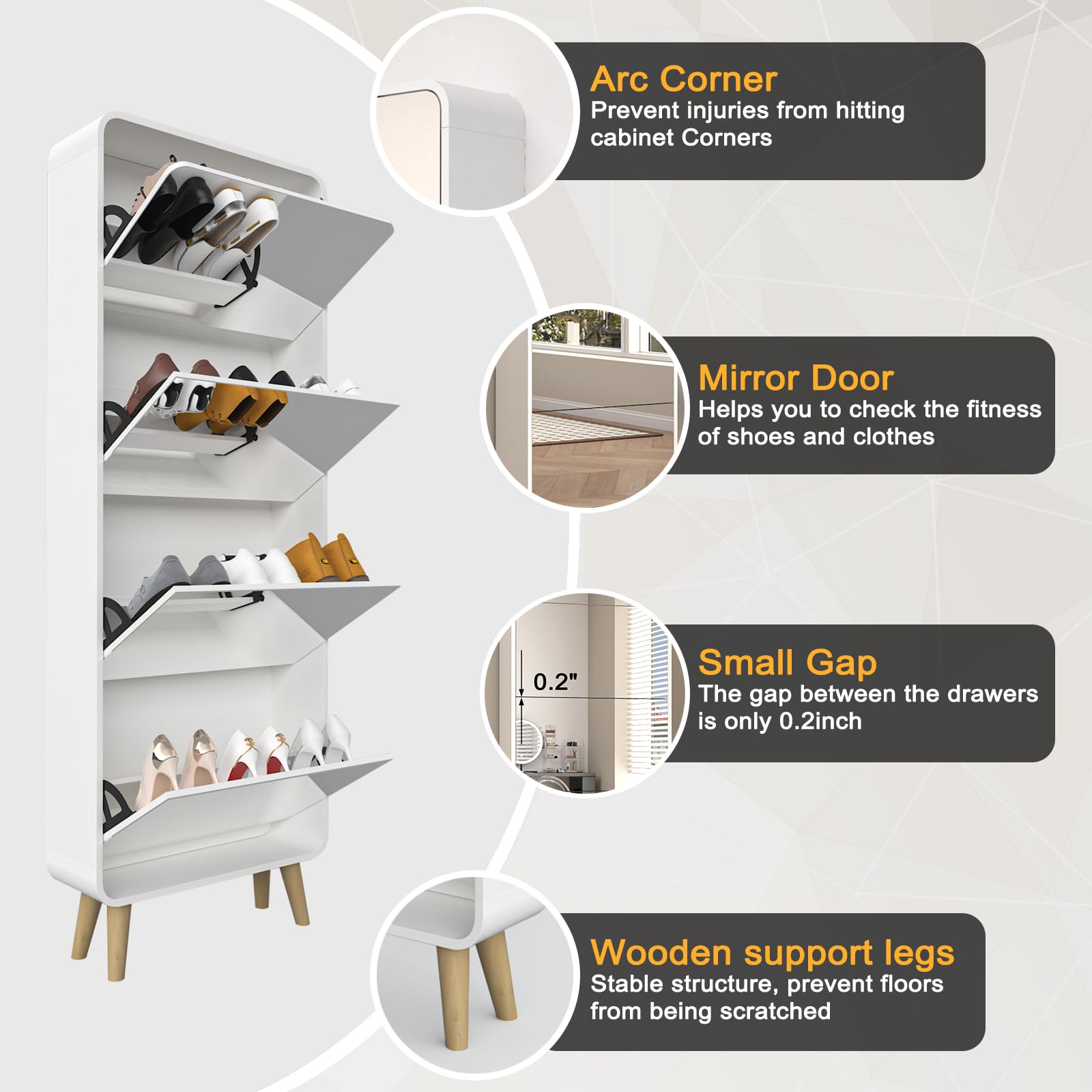 Organizedlife Mirror Shoe Cabinet with 4 Flip Drawers, Wooden Shoe Organizer with Solid Wood Legs, Full Length Mirror Shoe Rack, Narrow Shoe Storage Cabinet for Entryway