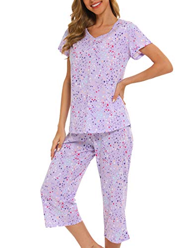 ENJOYNIGHT Women's Cute Sleepwear Tops with Capri Pants Pajama Sets Cotton Pj Set for Women(2X-Large,PU) Purple
