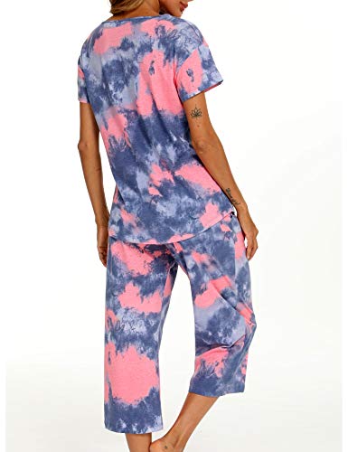 ENJOYNIGHT Women's Tie Dye Printed Pajama Sets Sleepwear Top with Capri Pants Lounge Sets with Pocket(X-Large, Blue Pink)