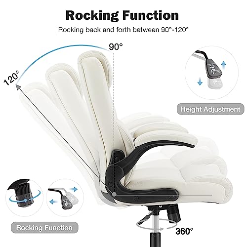 Office Chair - Ergonomic Executive Computer Desk Chair with Flip-up Armrest, Mid Back PU Leather 360° Swivel Task Chair with Lumbar Support and Wheels, Metal Base