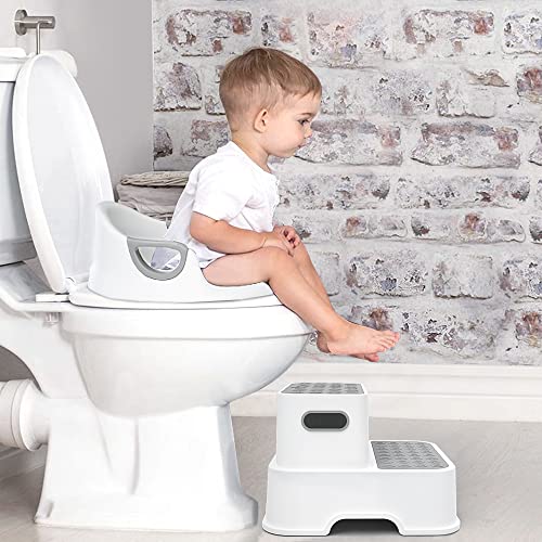 Potty Training Seat with Step Stool for Kids Potty Training Toddler Toilet Seat Attached To Regular Toilet Seat for Boys Girls Bathroom, 2 Cushions and Hook