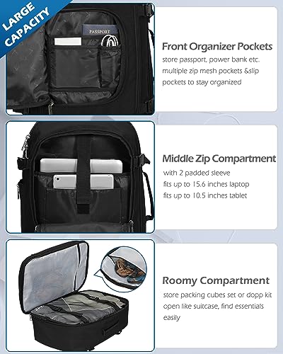 Hynes Eagle Travel Backpack 40L Flight Approved Carry on Backpack Men Large Cabin Weekender Laptop Backpack Women 15.6 inches Black with 3PCS Packing Cubes Set Black