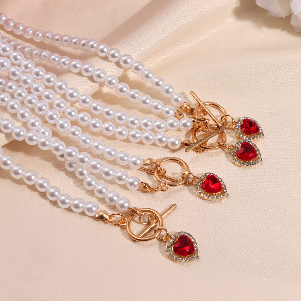 Asphire Vintage Pearl Necklace with Ruby Heart Pendant Elegant Bridal Crystal Gem Necklace Toggle Clasp Choker Necklace for Women Wedding Festival Gift