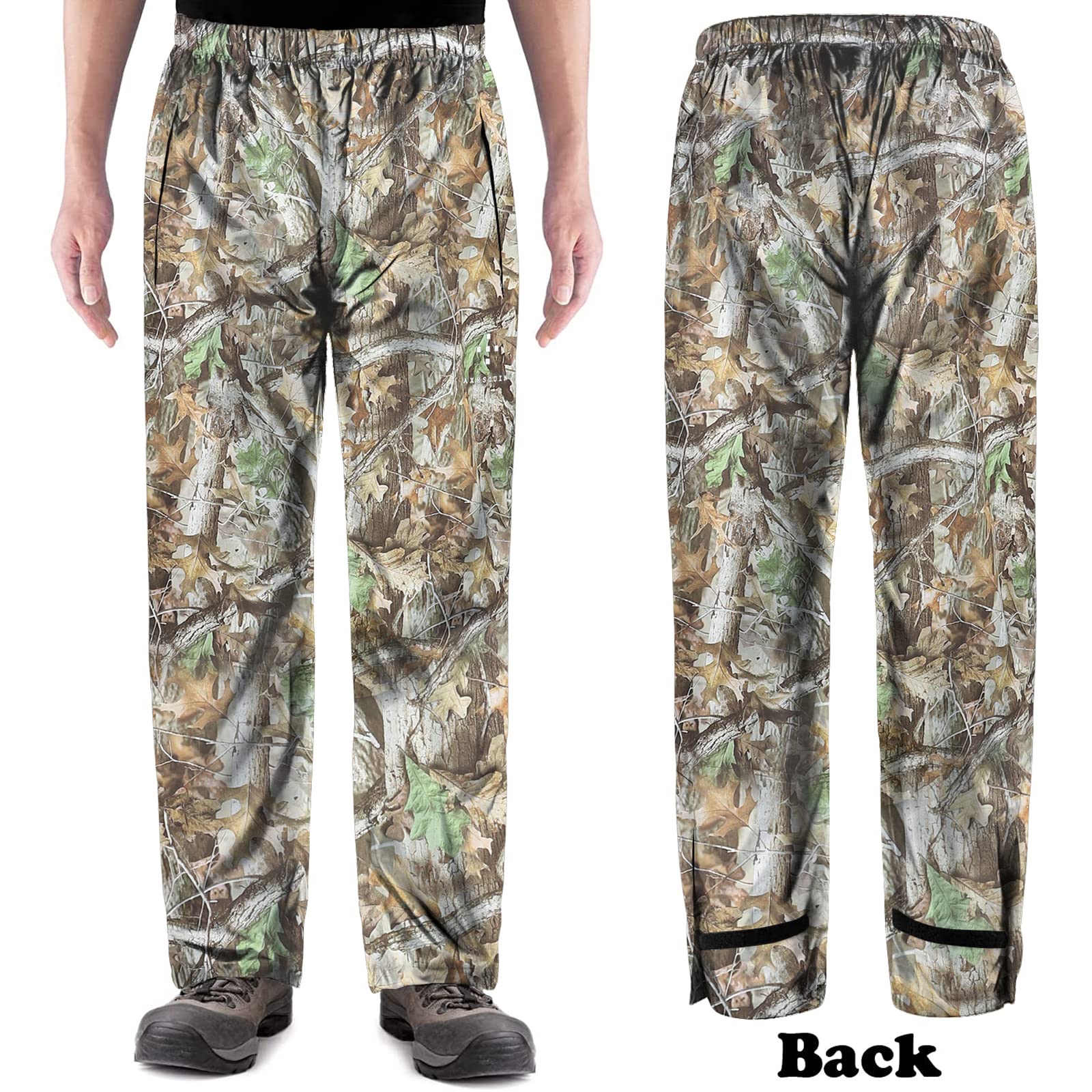 AXESQUIN Rain Pants Men, Mens Rain Pants Waterproof Pants with Pockets Lightweight Packable Outdoor Over Pants for Hiking Camo Tree XL