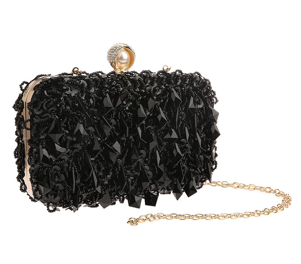 ASPHODELCHIC Women Sequins Rhinestone Evening Bag Beaded Crystal Bling Glitter Purse with Pearl Lock for Wedding Party (Black)