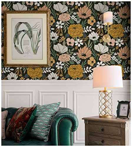 HAOKHOME 93217 Vintage Large Floral Peel and Stick Wallpaper Removable Daisy Leaf Black/Sand/Oliva Vinyl Self Adhesive Mural 17.7in x 9.8ft