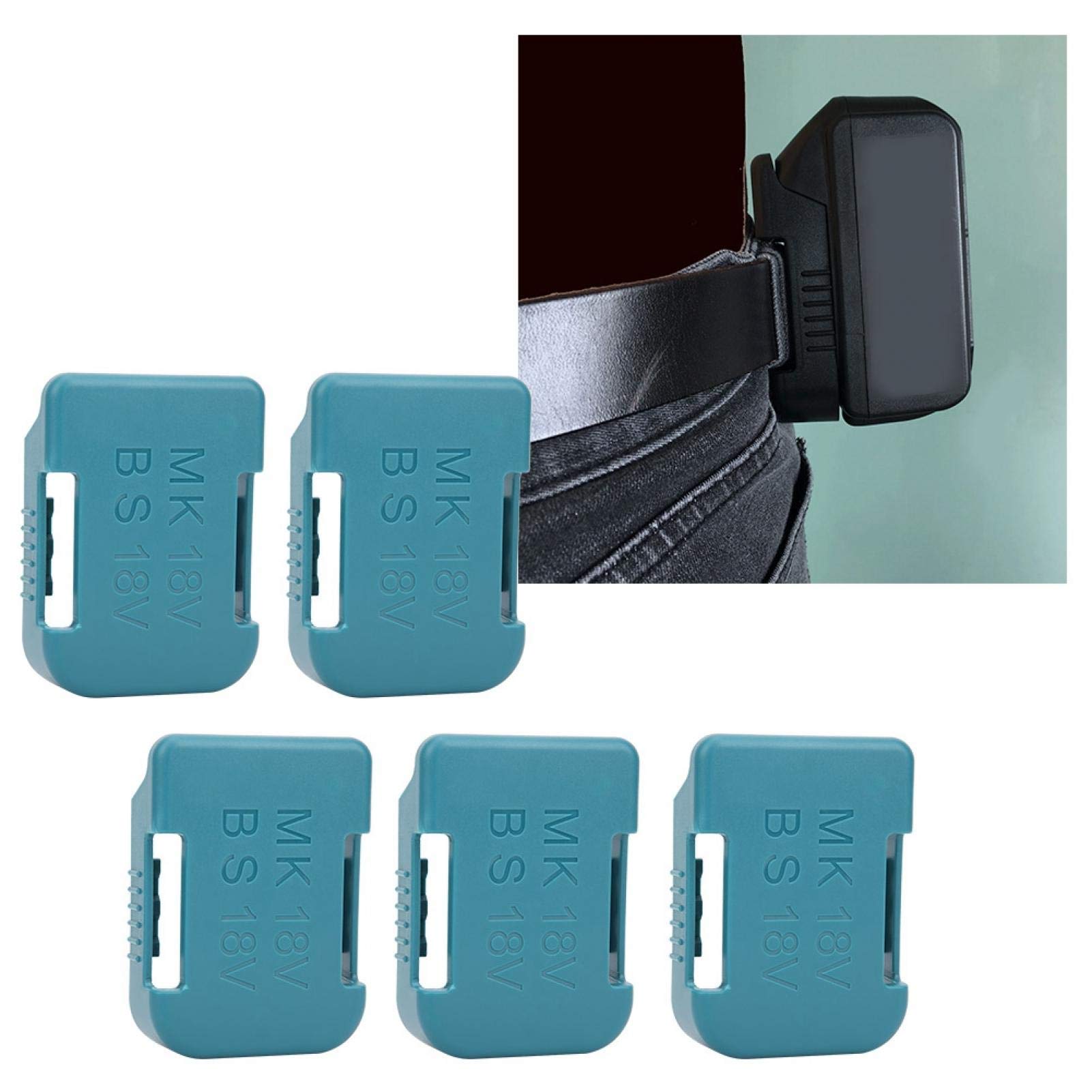 Bindpo Battery Rack, 5Pcs Battery Wall Mount Storage Shelf Rack, Battery Holder Compatible for Makita 18V/for Bosch 18V Batteries, Shelf Bracket Belt Slot(Cyan)