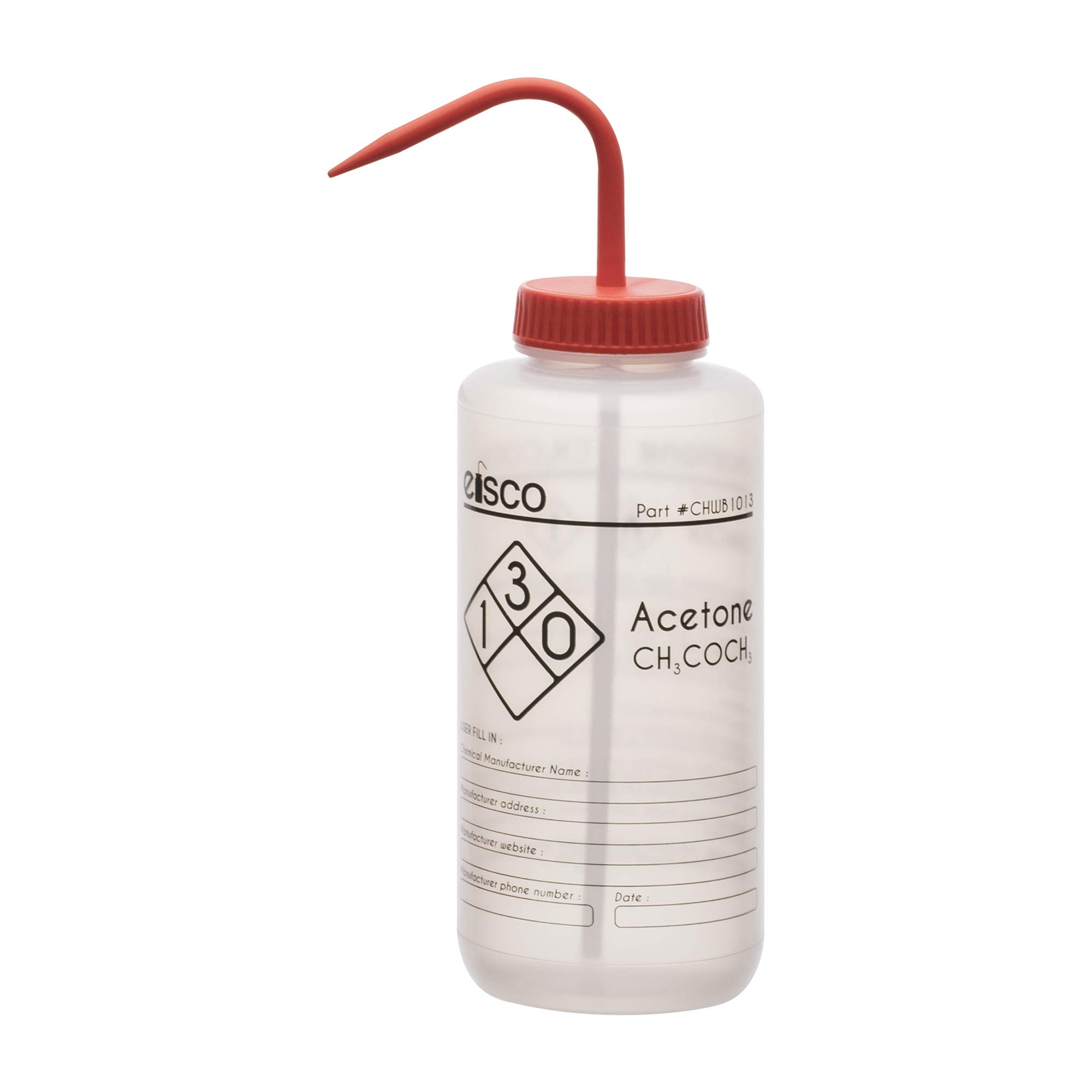 EISCO Wash Bottle for Acetone, 1000ml - Labeled with Chemical Information & Safety Information (1 Color) - Wide Mouth, Self Venting, Low Density Polyethylene - Performance Plastics Labs