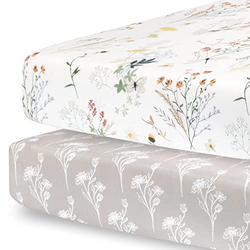 Pobibaby - 2 Pack Premium Fitted Baby Girl Crib Sheets for Standard Crib Mattress - Ultra-Soft Jersey Knit, Safe and Snug, and Stylish Floral Crib Sheet (Wildflower)