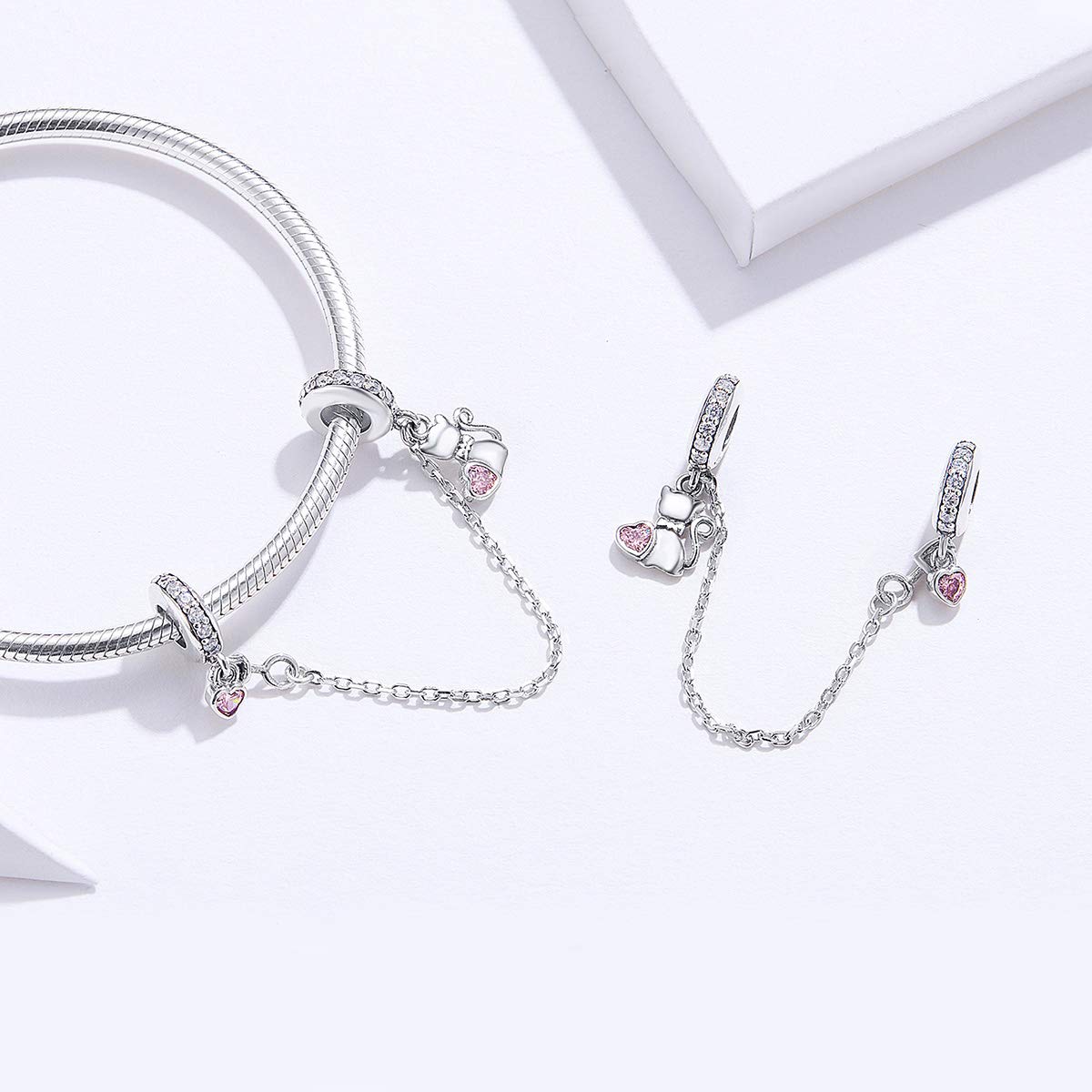 Animal Safety Chain 925 Sterling Silver Rubber Spacer Stopper Beads fit Pandora Style Bracelet (Cat & Heart Safety Chain)
