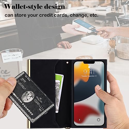 Havaya Crossbody Phone case for iPhone 13 pro max case with Strap for Women with Card Holder and Mirror for iPhone 12 pro max flip Wallet Cover with Credit Card Slot-Black