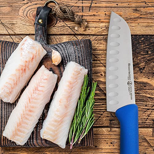 Messermeister Petite Messer 5” Kullenschliff Santoku Knife, Blue - German 1.4116 Stainless Steel & Ergonomic Handle - Lightweight, Rust Resistant & Easy to Maintain
