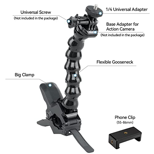 TELESIN Jaws Flex Super Clamp Mount Gooseneck Desk Table Stroller Gym Vlog Video Light Extension Holder Attachment for GoPro Max Mini Hero 11 10 9 8 7 6 5, Insta360 X2 X3, DJI Action 2 3 Accessories