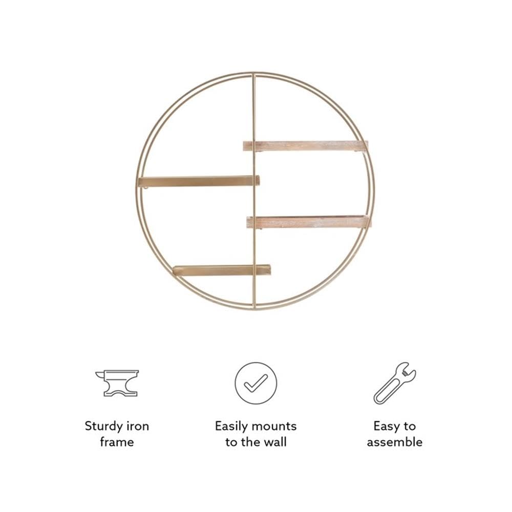 Linon Kenson Round Metal and Greywashed Wood Four Shelf Wall Storage in Gold