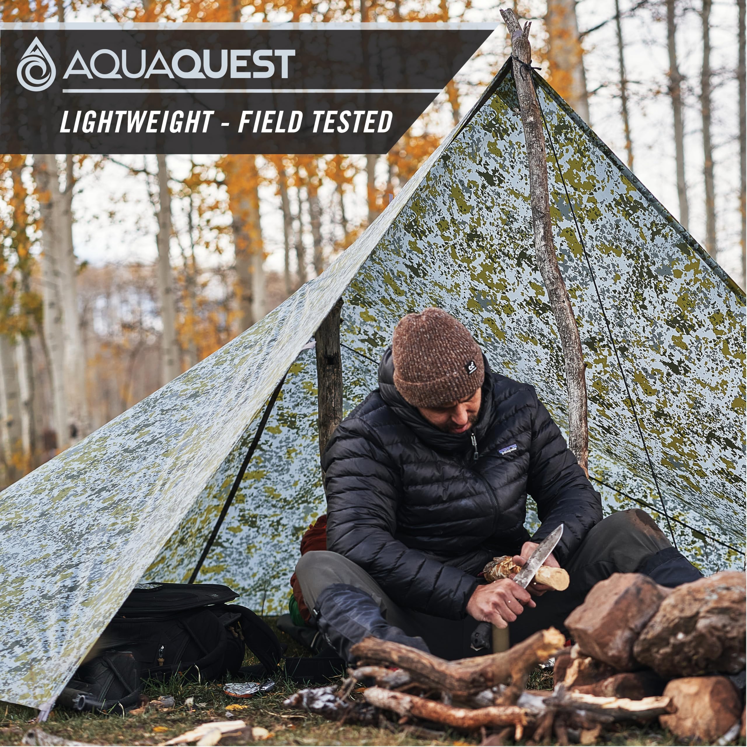 AquaQuest Safari Camping Tarp - Lightweight Durable Rain Fly - Waterproof Camping Essentials for Hiking, Backpacking & Hammock, 10 x 10 ft, Woodland Camo
