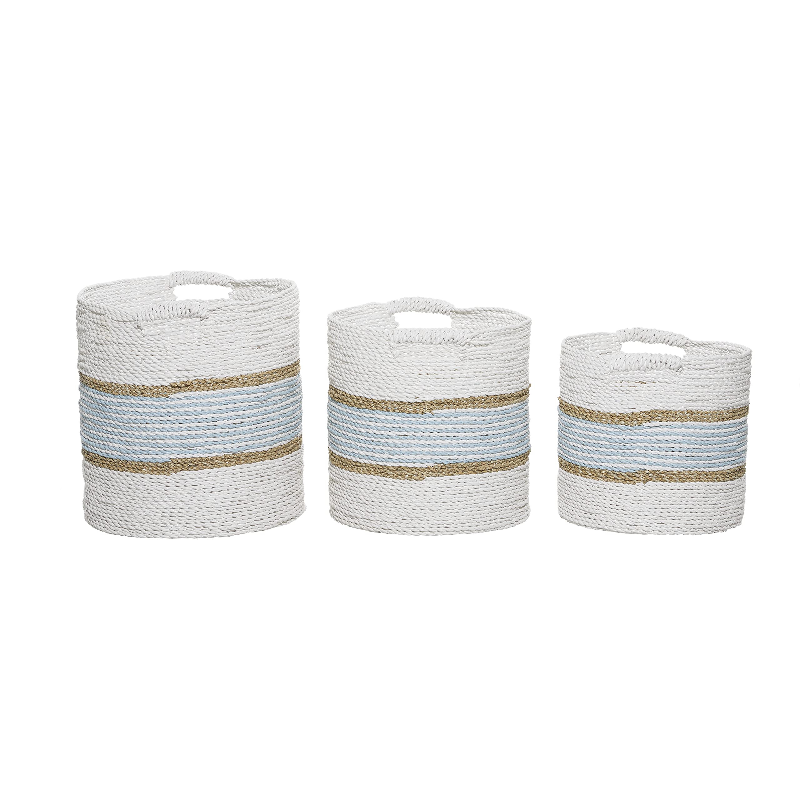 Deco 79 Wood Cylinder Storage Basket with Handles, Set of 3 16", 14", 13"H, White