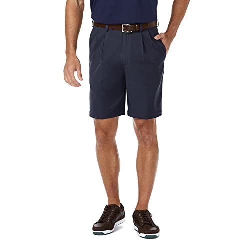 Haggar Men's Cool 18 Pro Straight Fit Pleat Front 4-Way Stretch Expandable Waist Short with Big & Tall Sizes, Navy, 44