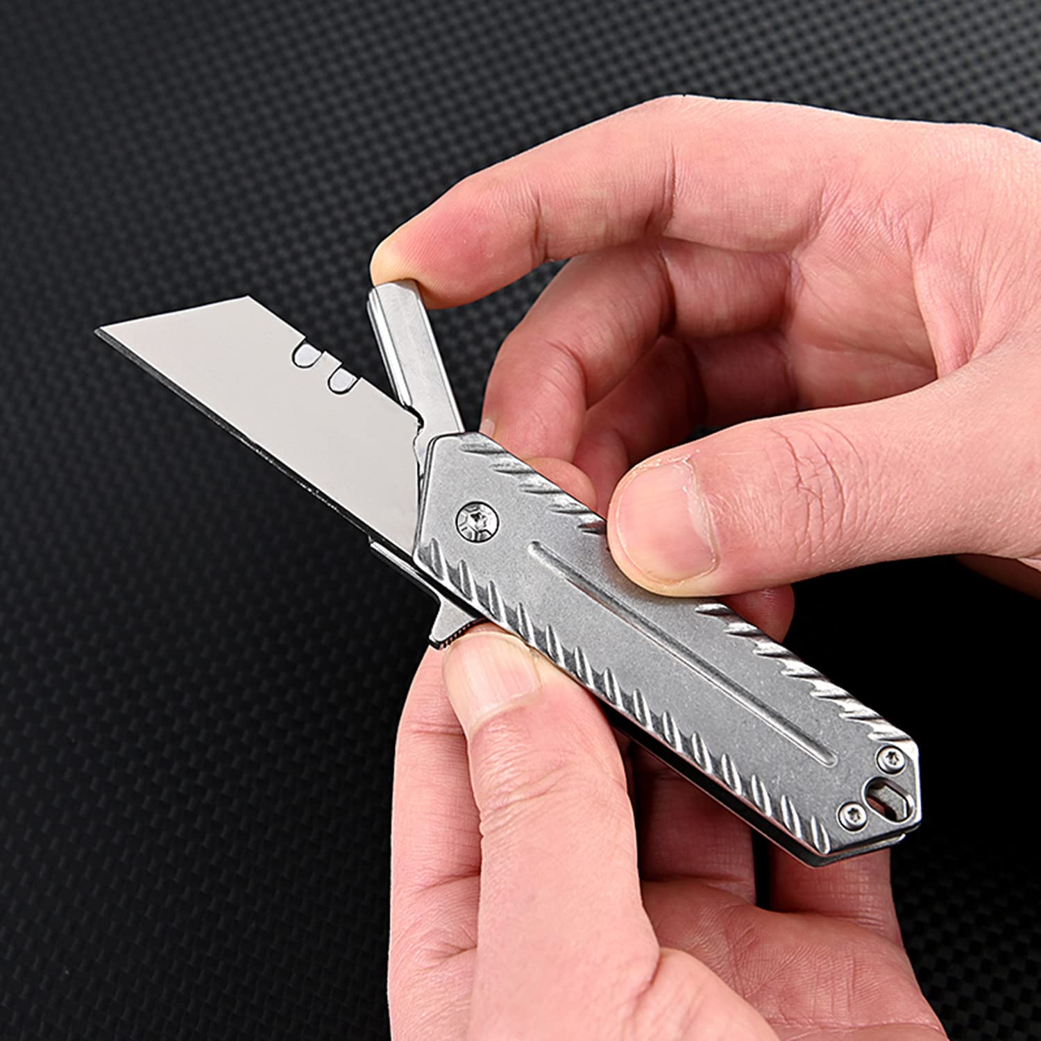 SZHOWORLD Stainless Steel Folding Utility Knife - Heavy Duty Box Cutter for Cartons, Cardboard and Boxes, Quick Change Blades, Extra 10 Blades Included