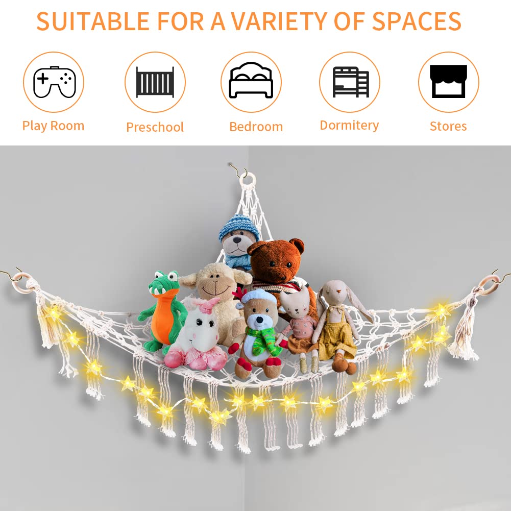 EKDJKK Stuffed Animal Hammock Macrame Plush Toy Net Hammock for Stuffed Animals with Light Pet Net for Stuffed Animals Corner Hanging Stuffed Animal Storage Holder Teddy Bear Net for Kids Room