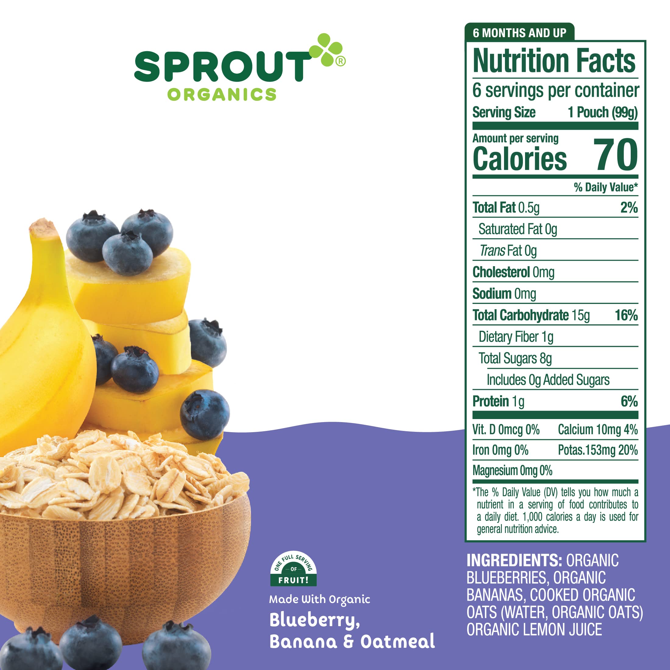 Sprout Organics Blueberry, Banana & Oatmeal Baby Food, Kosher, 3.5 Ounces (Pack Of 6)
