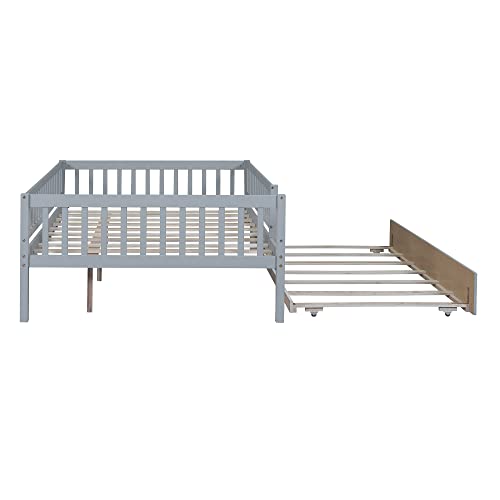 P PURLOVE Full Daybed with Trundle, Daybed Frame with Fence Guardrails, Wood Daybed for Boys, Girls and Young Teens, No Box Spring Needed (Gray)