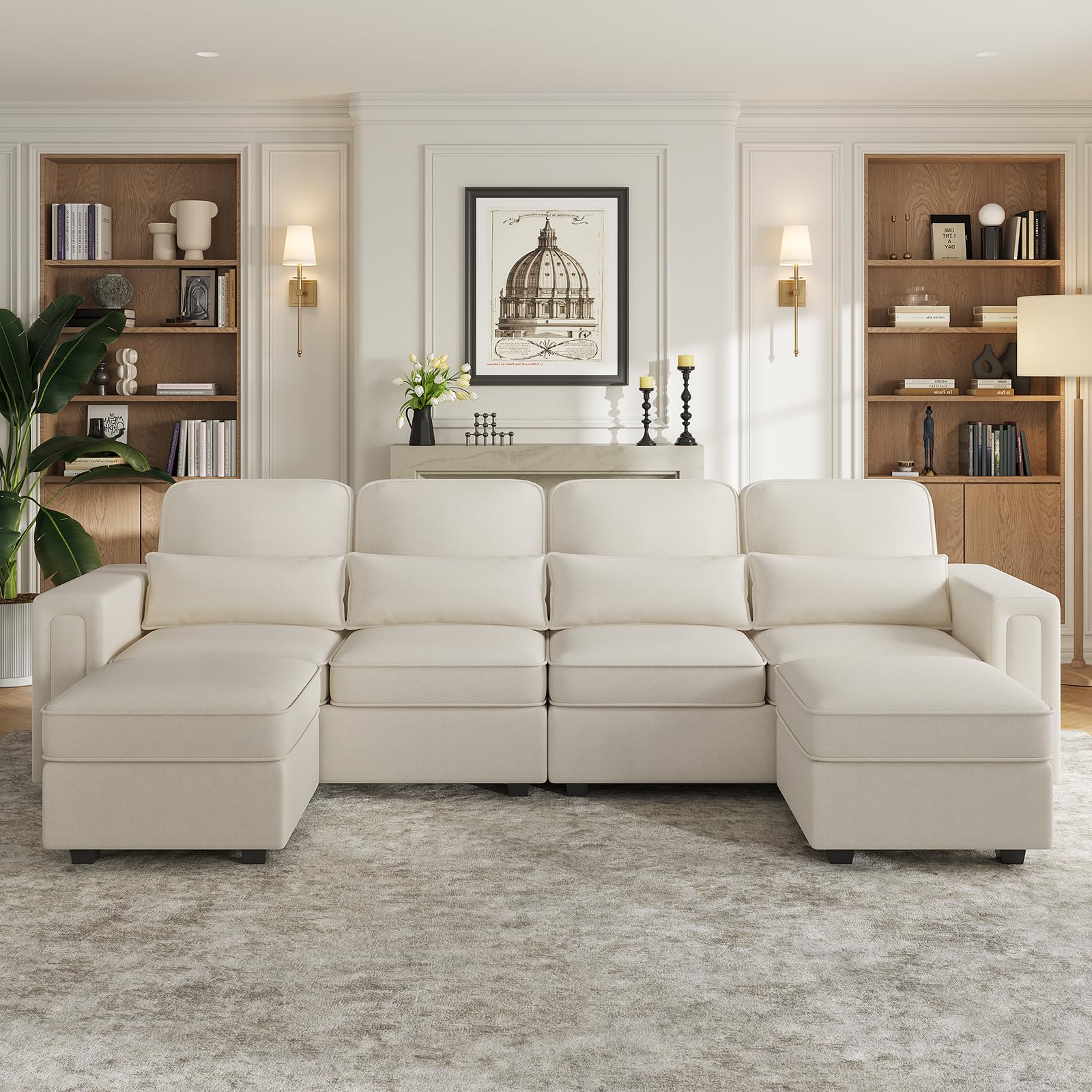 Brinlawb Sectional Sofa with Storage 110'' Convertible U Shaped Modular Sofa Couch with Reversible Chaise and Waist Pillow 6 Seater Chenille Sectional Couches with Ottomans for Living Room,Beige