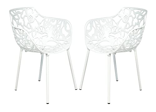 LeisureMod Devon Modern Aluminum Indoor-Outdoor Stackable Side Dining Arm Chair, Set of 2 (White)