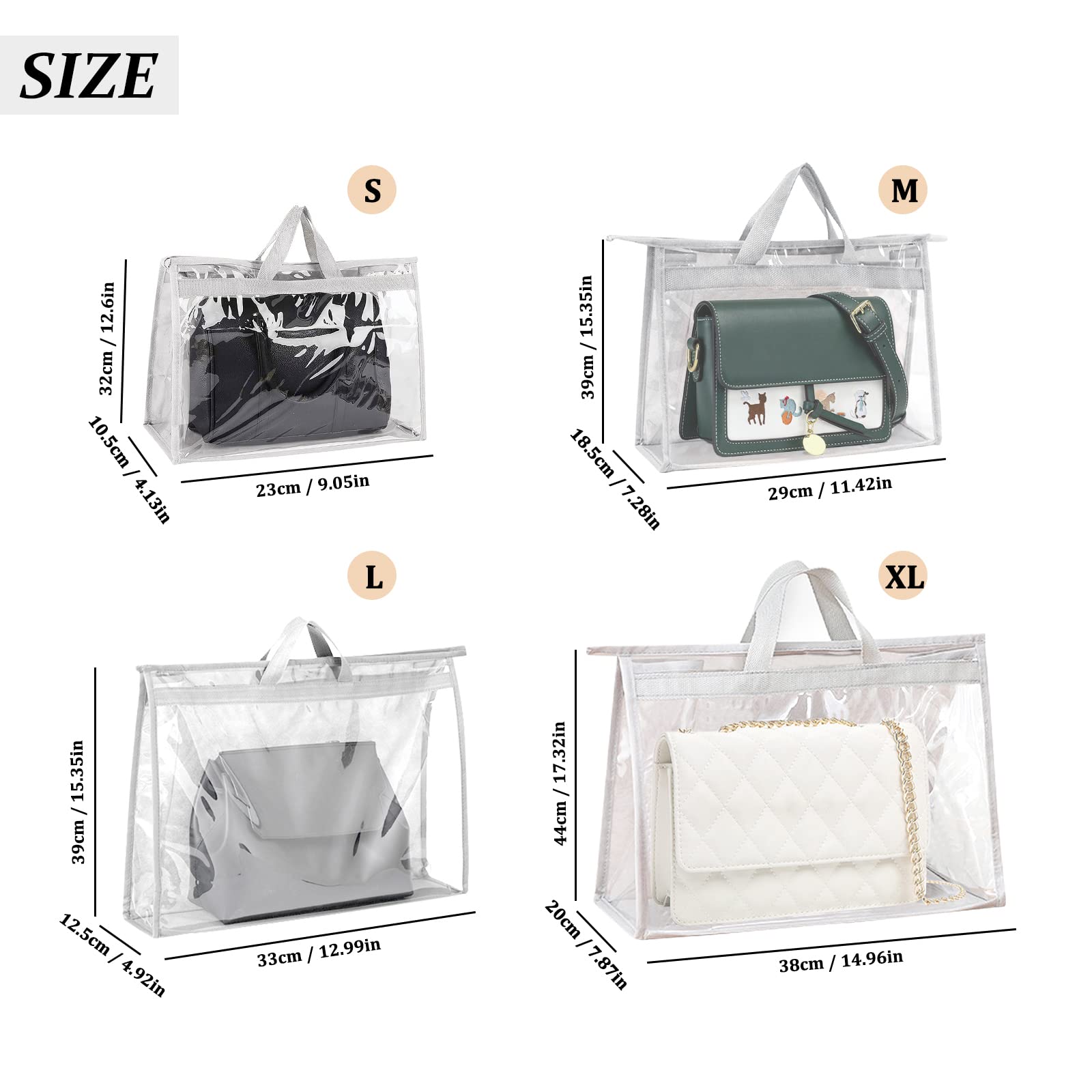 FuninCrea 4 Pack Handbag Storage Clear Handbag Dust Bags with Zipper and Handle Dustproof Moistureproof Handbag Storage Organizer, Purse Storage Organizer for Closet (Grey)