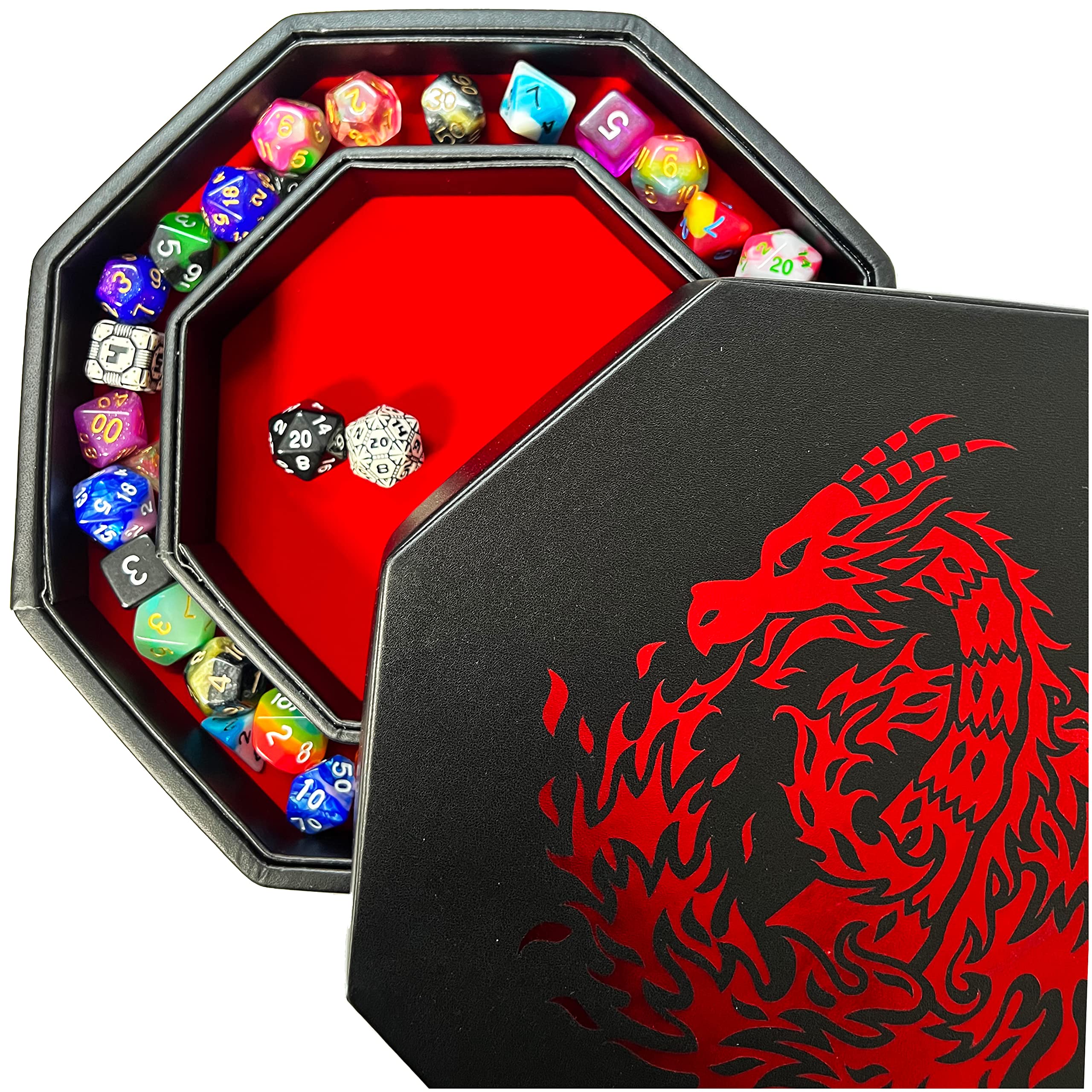Fantasydice Red Fire Dragon Dice Tray with Lid β 9" Octagon with Dice Staging Area, Holds 5 Dice Sets β Perfect for D&D, Call of Cthulhu, Shadowrun, and All Tabletop RPGs