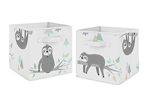 Sweet Jojo Designs Blue and Grey Jungle Sloth Leaf Foldable Fabric Storage Cube Bins Boxes Organizer Toys Kids Baby Childrens - Set of 2 - Turquoise, Gray and Green Botanical Rainforest