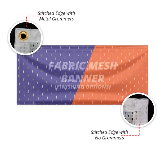 BannerBuzz Custom Fabric Mesh Banner, 115 GSM Polyester Mesh Fabric, Hemmed Edges with Grommets, Single Sided Print, 1440 DPI Dye Sublimation Printing (8’ W X 5’H)
