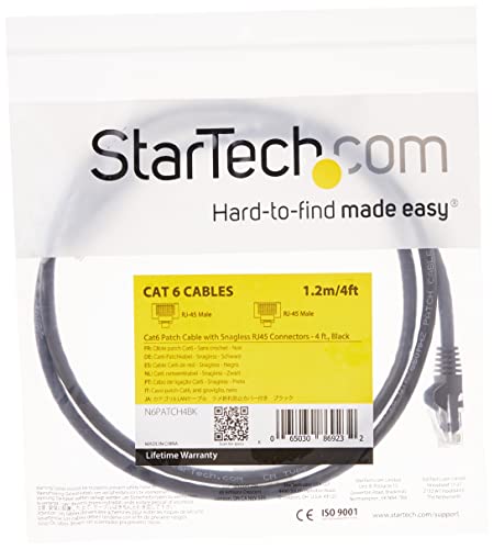StarTech.com 4ft CAT6 Ethernet Cable - Black CAT 6 Gigabit Ethernet Wire -650MHz 100W PoE RJ45 UTP Network/Patch Cord Snagless w/Strain Relief Fluke Tested/Wiring is UL Certified/TIA (N6PATCH4BK)
