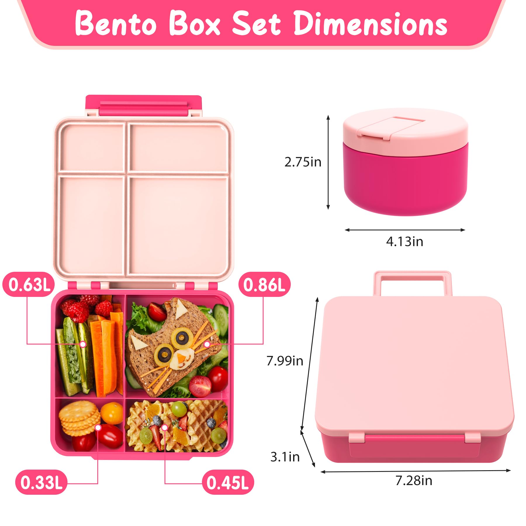 LOHASOK Bento Lunch Box with 8oz Soup Thermo, Leak-Proof Lunch Containers with 4 Compartment, Thermo Hot Food Jar and Insulated Lunch Bag for School Pink