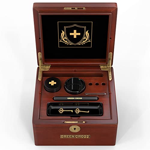 GREEN CROSS Stash Box Decorative Box Lock Box with Key Wooden Box Smell Proof Removable Wooden Tray Ceramic Tray Adjustable Compartments Storage Box for Home and Organization