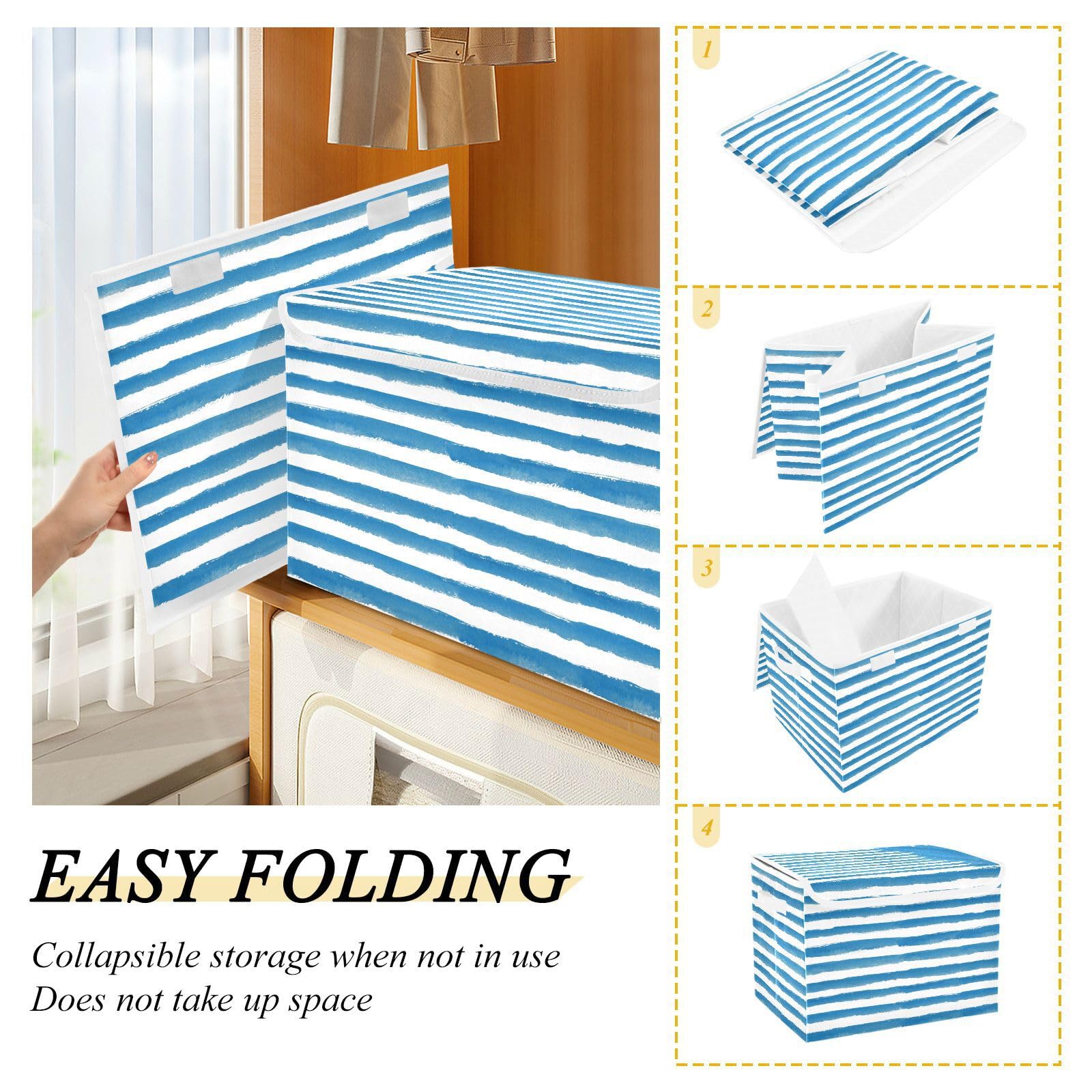 Gredecor Blue-white Stripes Large Storage Basket Bins with Lid Storage Boxes Organizer with Handle 16.5"x12.6"x11.8" Collapsible Storage Cube for Toys Bedroom Nursery Home