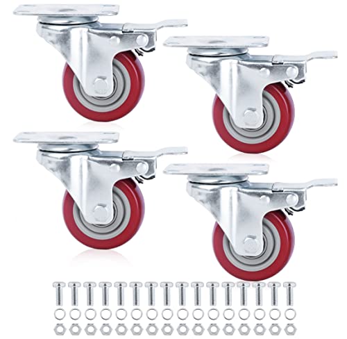 Finnhomy 4 Inch Caster Wheels Set of 4 with Brake Heavy Duty Plate Swivel Casters Premium Polyurethane Wheels PU Load Bearing 2,000 Lbs Lockable Anti-wear Smooth Casters Red (Free Screws)