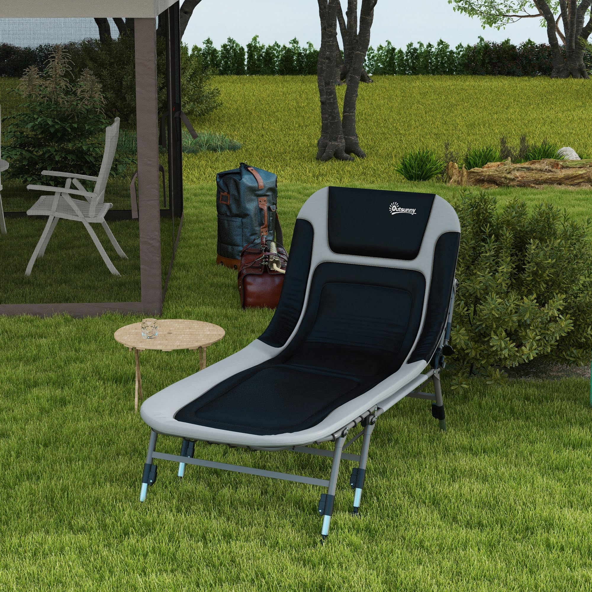 Outsunny Camping Cot for Adults, Folding Bed with Soft Padded Cushions & Headrest, 180° Adjustable Reclining Lounger, Heavy Duty and Portable with a 400 lbs. Capacity, Gray